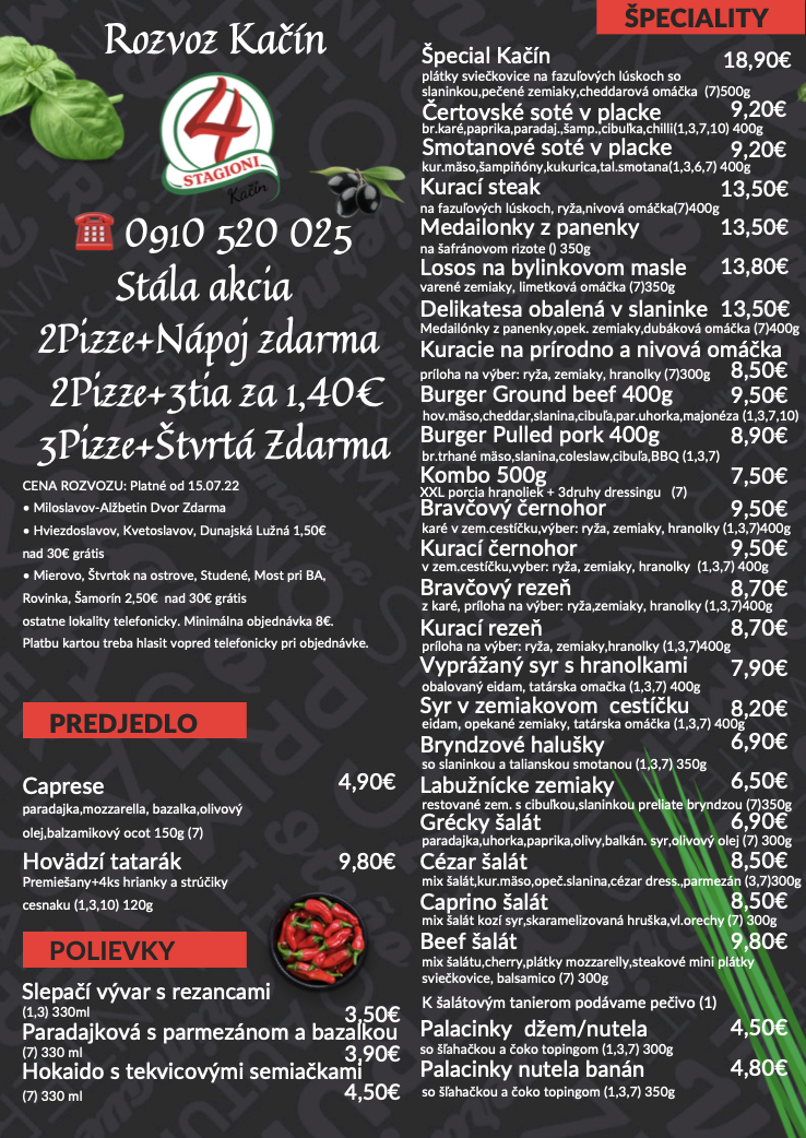 Jedálny lístok Kačín – 4 Stagioni