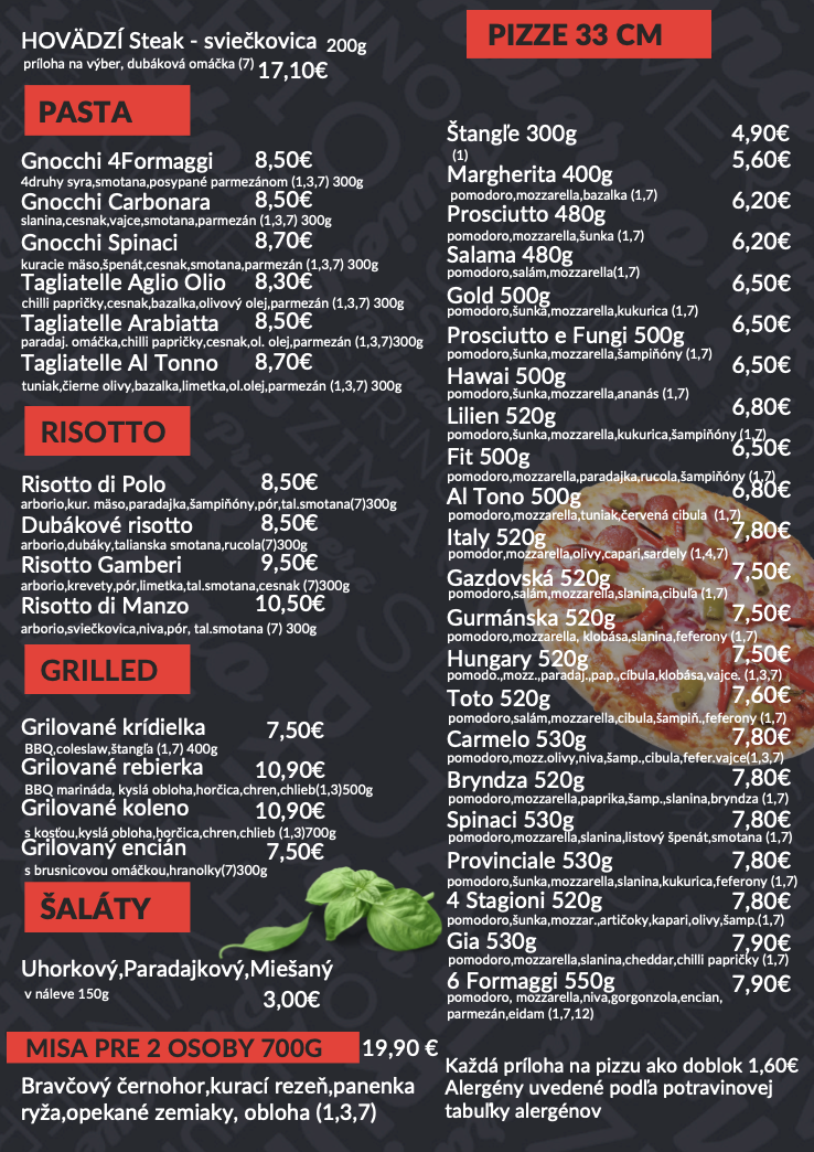 Jedálny lístok Kačín – 4 Stagioni